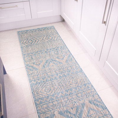 Aqua Blue Aztec Tribal Flatweave Indoor Outdoor Runner Rug 60x240cm ...