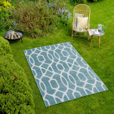 Aqua Blue Modern Geometric Trellis All-Weather Indoor Outdoor Flatweave ...