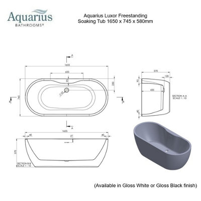 Aquarius Luxor Freestanding Soaking Bath Tub 1650 x 745mm Gloss Black ...