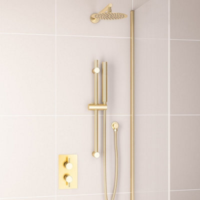 Aquarius Modern Round Shower Bundle with Riser Brushed Brass AQBND0116 ...