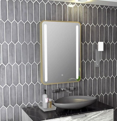 Aquarius Reflect 500 x 700mm Rounded LED Mirror with Brushed Brass Trim ...
