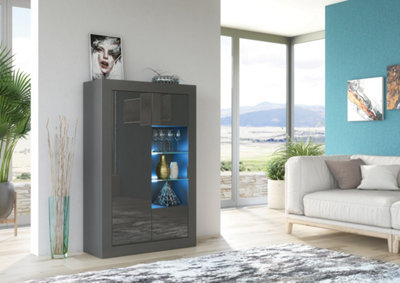 Arcadia Display Cabinet 140cm Dark Grey with High Gloss Doors and LED ...