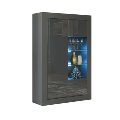 Arcadia Display Cabinet 140cm Dark Grey with High Gloss Doors and LED ...
