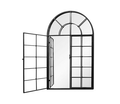 Arched Window Wall Mirror,Metal Window Pane Mirror,Black,70x3x115cm
