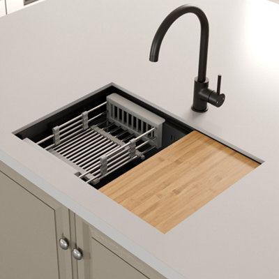 Arciflo Black Kitchen Sink 1 Bowl Undermount Stainless Steel Drainer ...