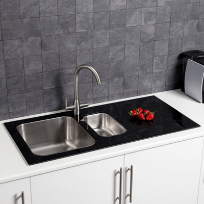 Arciflo Kitchen Sink 1.5 Bowl RH Drainer Black Glass Stainless Steel ...