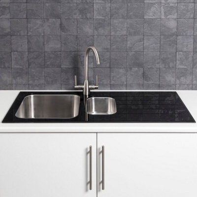 Arciflo Kitchen Sink 1.5 Bowl RH Drainer Black Glass Stainless Steel ...