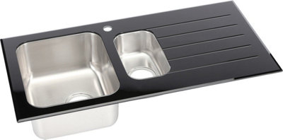 Arciflo Kitchen Sink 1.5 Bowl RH Drainer Black Glass Stainless Steel ...
