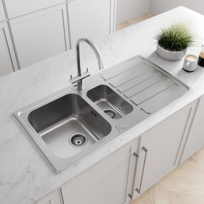 Arciflo Stainless Steel 1.5 Bowl Kitchen Sink Reversible Modern Drainer ...