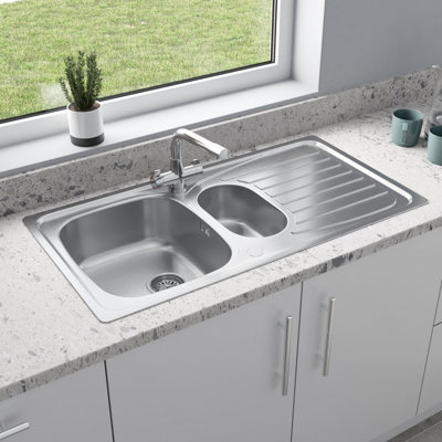 Arciflo Stainless Steel Kitchen Sink Inset 1.5 Bowl Reversible Drainer ...