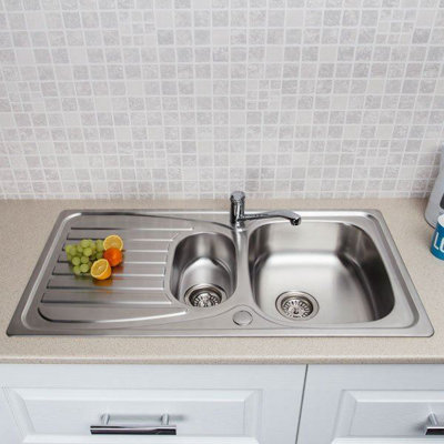Arciflo Stainless Steel Kitchen Sink Inset 1.5 Bowl Reversible Drainer ...