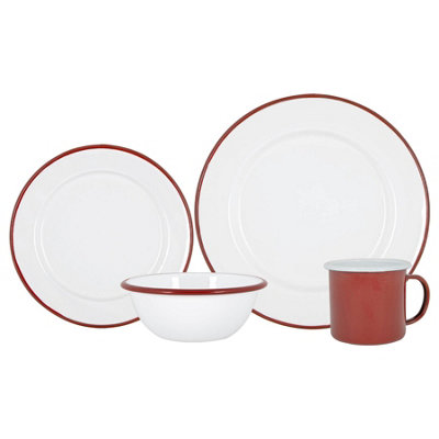 Argon Tableware 16 Piece White Enamel Dinner Set - Metal Outdoor ...