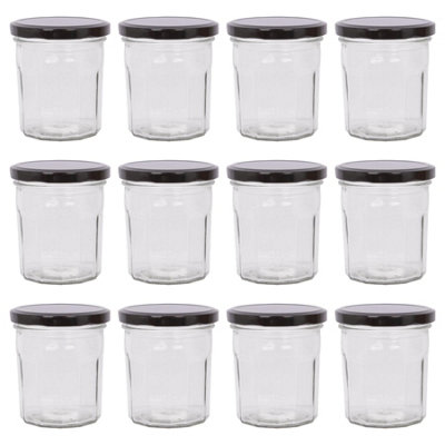 Argon Tableware Glass Jam Jars with Black Lids - 250ml - Pack of 12
