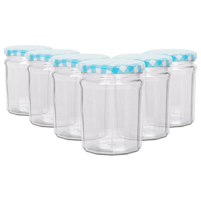 Argon Tableware Glass Jam Jars with Blue Gingham Lids - 380ml - Pack of 6