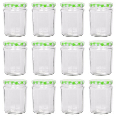 Argon Tableware Glass Jam Jars with Green Gingham Lids - 380ml - Pack of 12