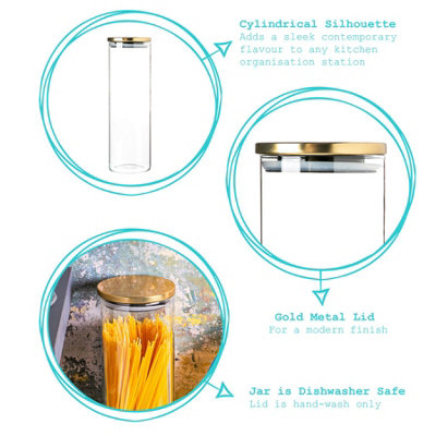 Argon Tableware Glass Storage Jar - Gold Lid - 2 Litre - Modern Round ...