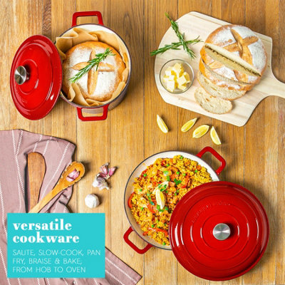 Argon Tableware Shallow Cast Iron Casserole Dish - 2.3L Red Enamel ...