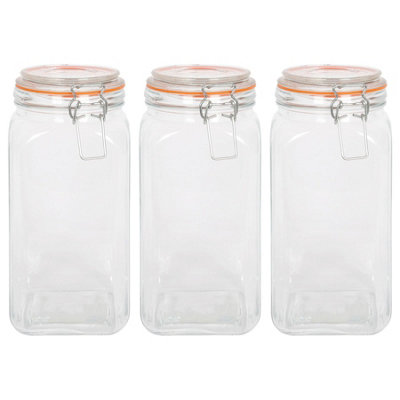 Argon Tableware Square Glass Jars with Clip-Top Lids - 1.7L - Pack of 3
