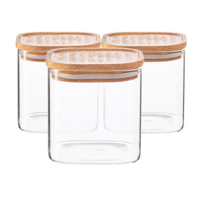 Argon Tableware - Square Glass Storage Jars with Wooden Lids - 680ml ...