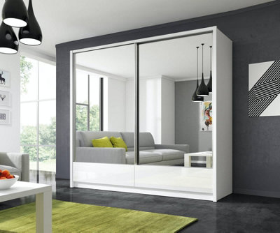 Aria II Mirrored Sliding Two Door Wardrobe 200cm in White Gloss