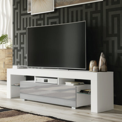 Aria TV Unit 160cm White and Grey High Gloss Doors with LED Lighting ...