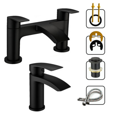 Arko Basin Mixer Tap and Bath Tap Set with Pop up Waste, Waterfall ...
