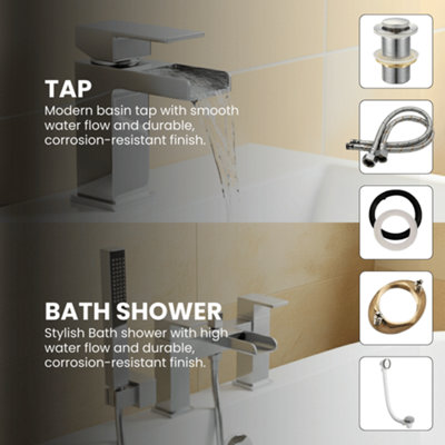 Arko Bath Shower and Basin Mixer Tap Set with Bath Waste, Waterfall ...
