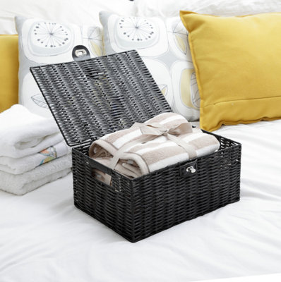Arpan Small Resin Woven Storage Basket Box with Lid & Lock - Black