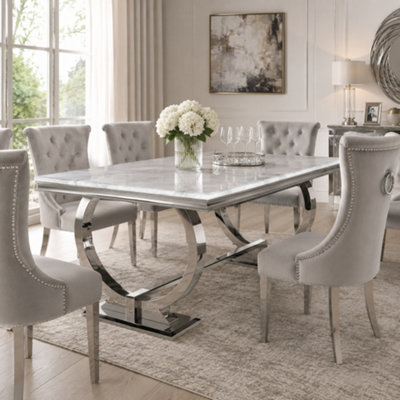Arriana Light Grey Marble Top Dining Table with Circular Metal Stand ...