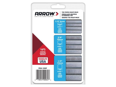 Arrow T50 Staples Multi Pack 6Mm 10Mm & 12Mm Box 1875 (3 X 625)