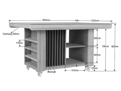 Art/craft table, project workbench with storage V.3. (L-180 x D-122 x H ...