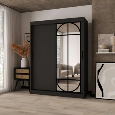 Arten Lugo 150cm Black Sliding Door Wardrobe with Mirror