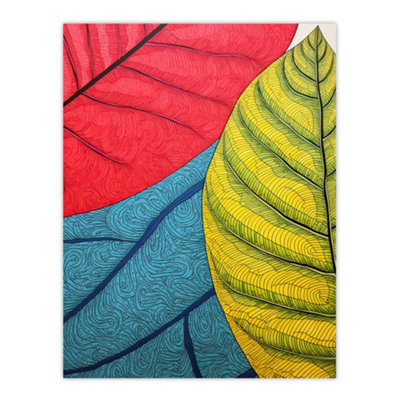Artery8 Close Up Leaves Gond Painting Style Artwork Red Blue Green Wall ...