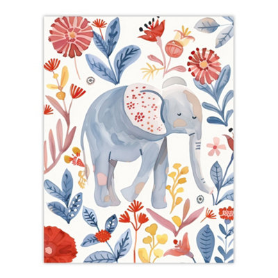 Artery8 Cute Baby Elephant Blue Red Floral Watercolour Wall Art Print ...