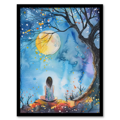Artery8 Full Moon Gazing Autumn Night Watercolour Wall Art Print - A4 Size