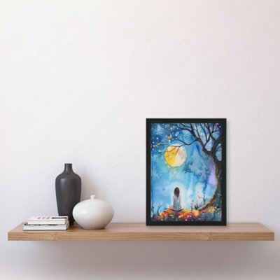 Artery8 Full Moon Gazing Autumn Night Watercolour Wall Art Print - A4 Size