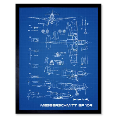 Artery8 Messerschmitt Bf 109 Fighter Plane 2 Blue Plan 12x16" Framed ...
