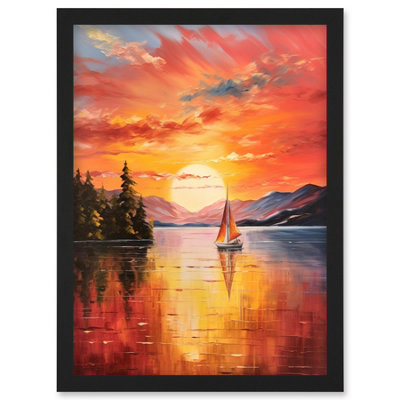 Artery8 Serene Lake Sunset Sailing Vibrant Oil Painting Sail Boat ...