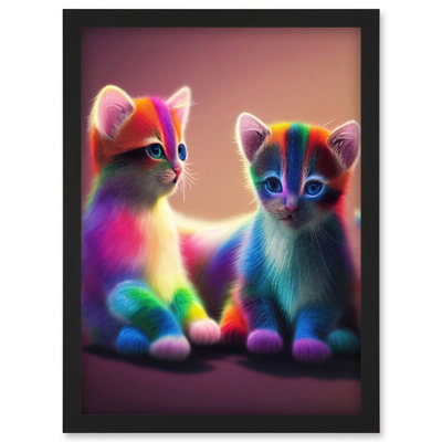 Artery8 Two Cute Vibrant Rainbow Colour Fur Kittens Blue Eyes Wall Art ...