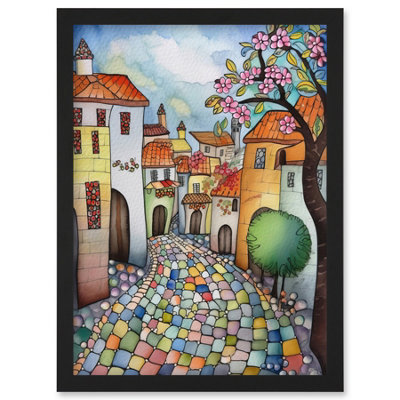 Artery8 Village Cobbled Street Cherry Blossom Folk Art Wall Art Print ...