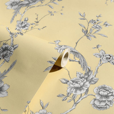 ARTHOUSE CHINOISE YELLOW WHITE FLORAL BIRDS OPERA HEAVYWEIGHT WALLPAPER ...