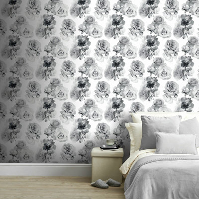 Arthouse Floral Bloom Mono Black White Grey Metallic Silver Statement ...