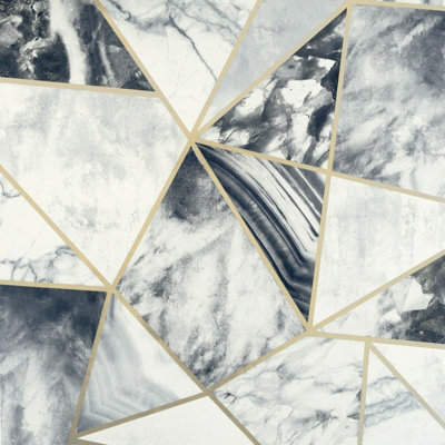 Arthouse Geometric Charcoal White Grey Marble Metallic Gold Feature ...