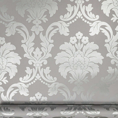 Arthouse Grey Silver Traditional Vintage Floral Damask Metallic Wallpaper