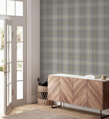 Arthouse Heritage Ochre Grey Tartan Check Country Style Wallpaper - 299000