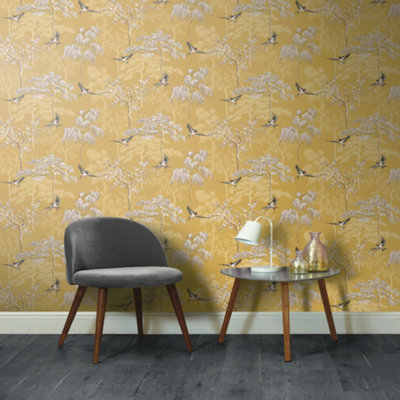 Arthouse Japanese Garden Ochre Animal Print Spongeable Wallpaper 908002