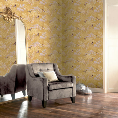 Arthouse Japanese Garden Ochre Animal Print Spongeable Wallpaper 908002