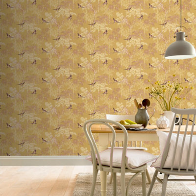 Arthouse Japanese Garden Ochre Animal Print Spongeable Wallpaper 908002