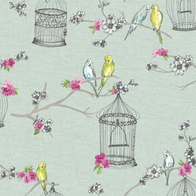 Arthouse Opera Birds Birdcage Floral Flowers Pink Overture Teal Wallpaper