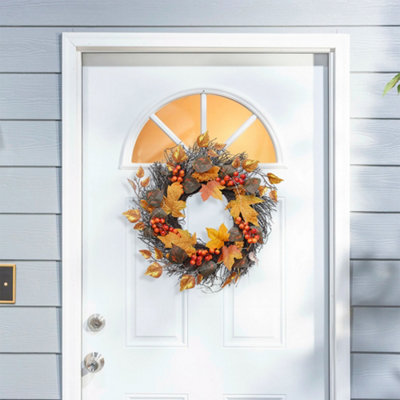 Artificial Autumn Maple Leaves Rattan Wreath with LED Light Dia 45cm